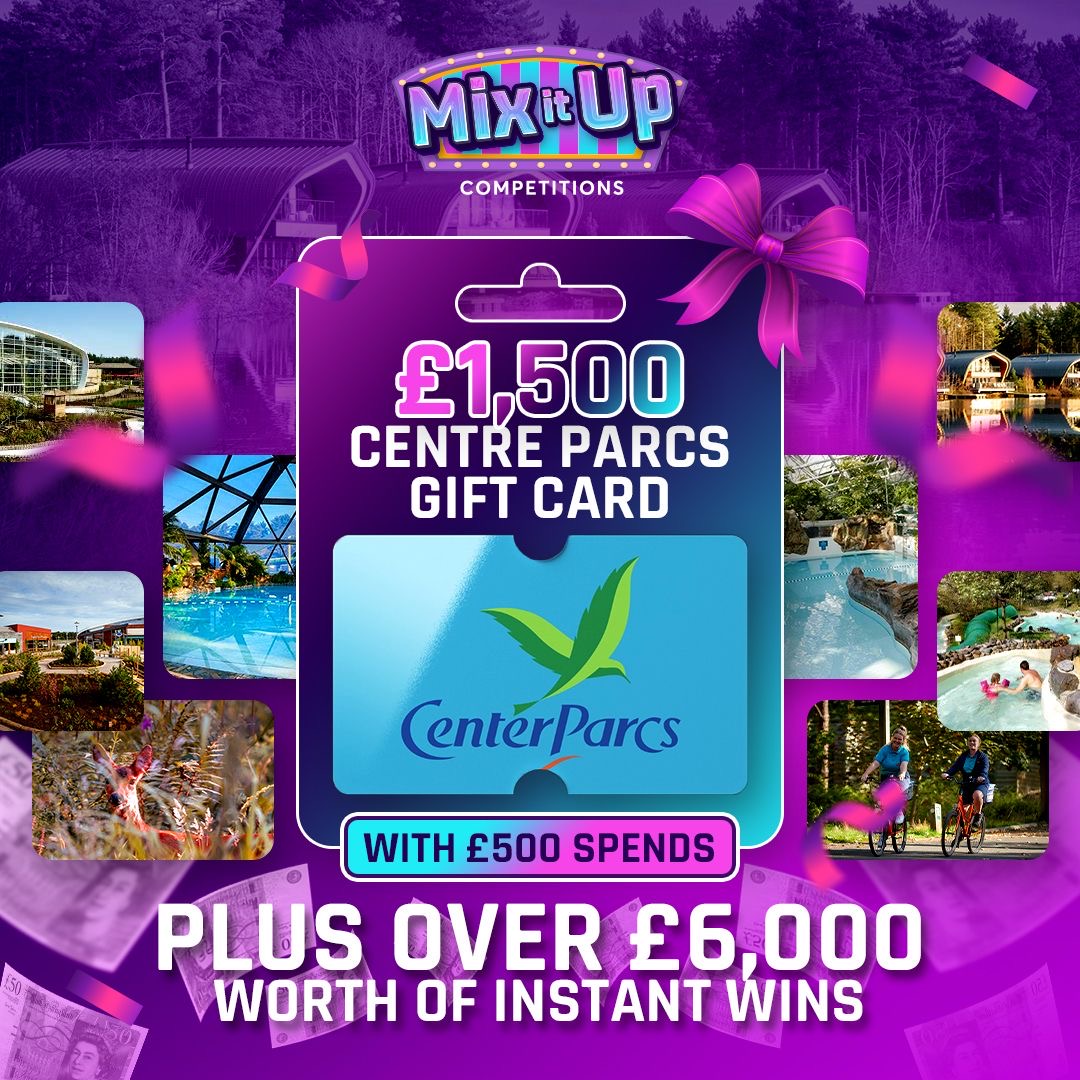 £1500 CENTRE PARCS GIFT CARD PLUS £500 SPENDS – MixItUp Competitons